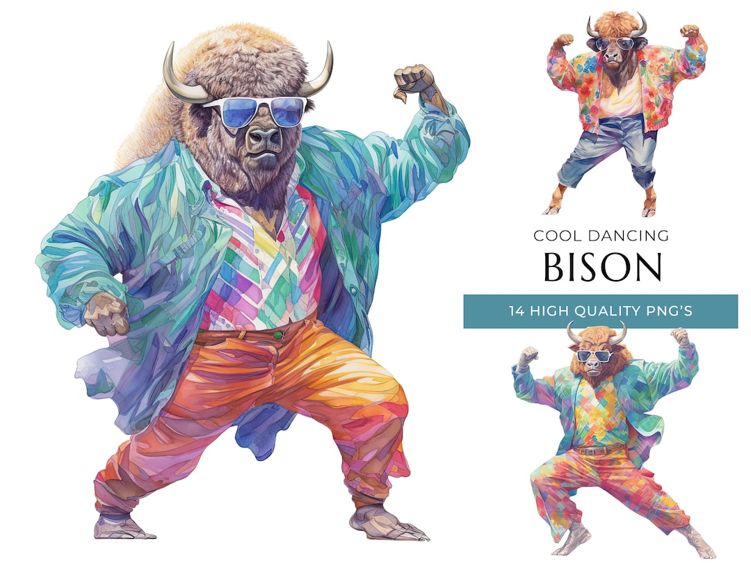Dancing Bison Clipart: Funny Watercolor Animal Pngs (digital Download ...