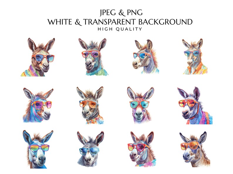 Watercolor Donkey Clipart With Sunglasses: Farm Animal Print (digital ...