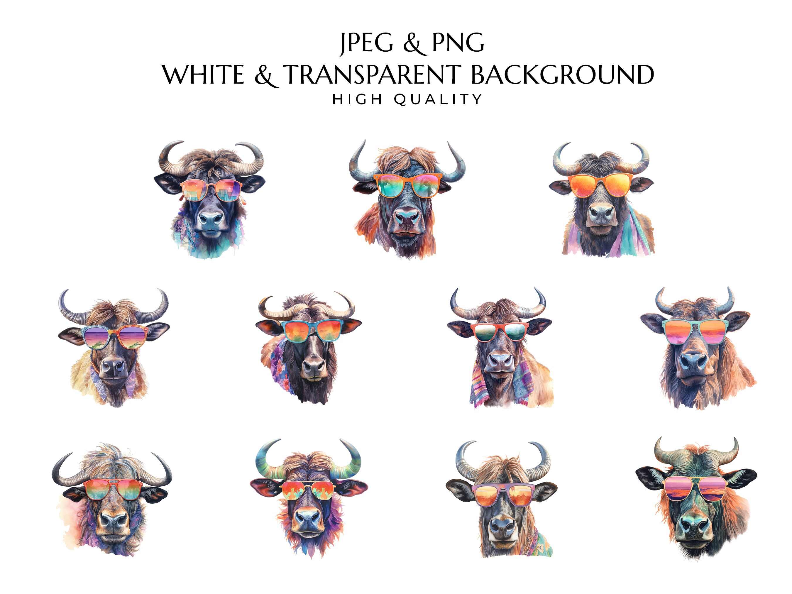Watercolor Wildebeest Clipart With Sunglasses, Safari Animal Print ...
