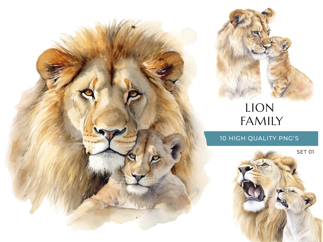 Lion Dad and Cub Watercolor Clipart: Safari Nursery PNG (digital ...