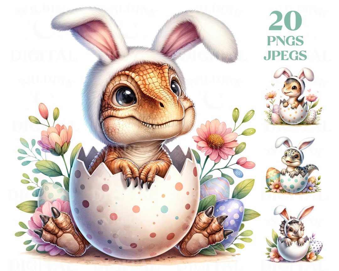 Watercolor Easter Dinosaurs With Bunny Ears Clipart Bundle 20 High ...