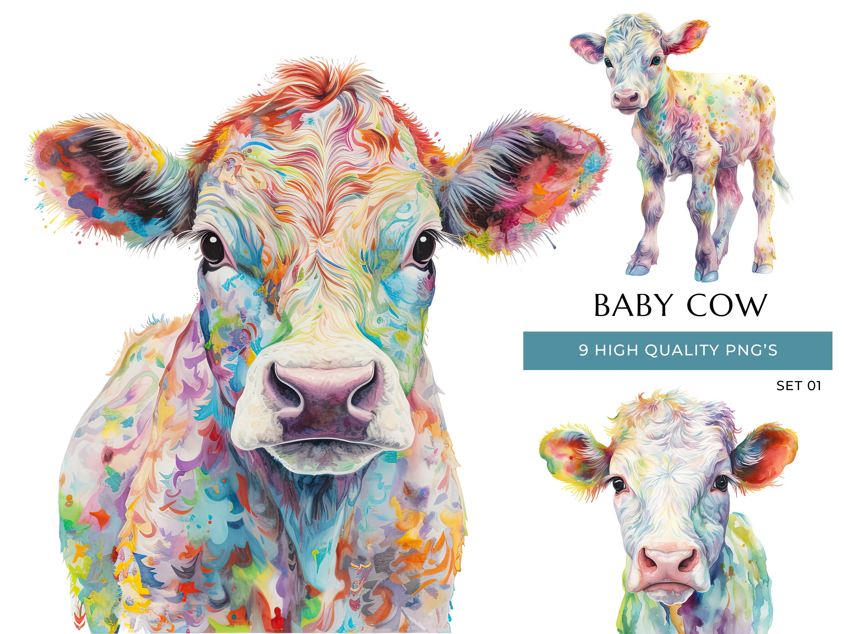 Baby Cow Watercolor Clipart 9 Pngs Nursery Decor Farm Wall - Etsy