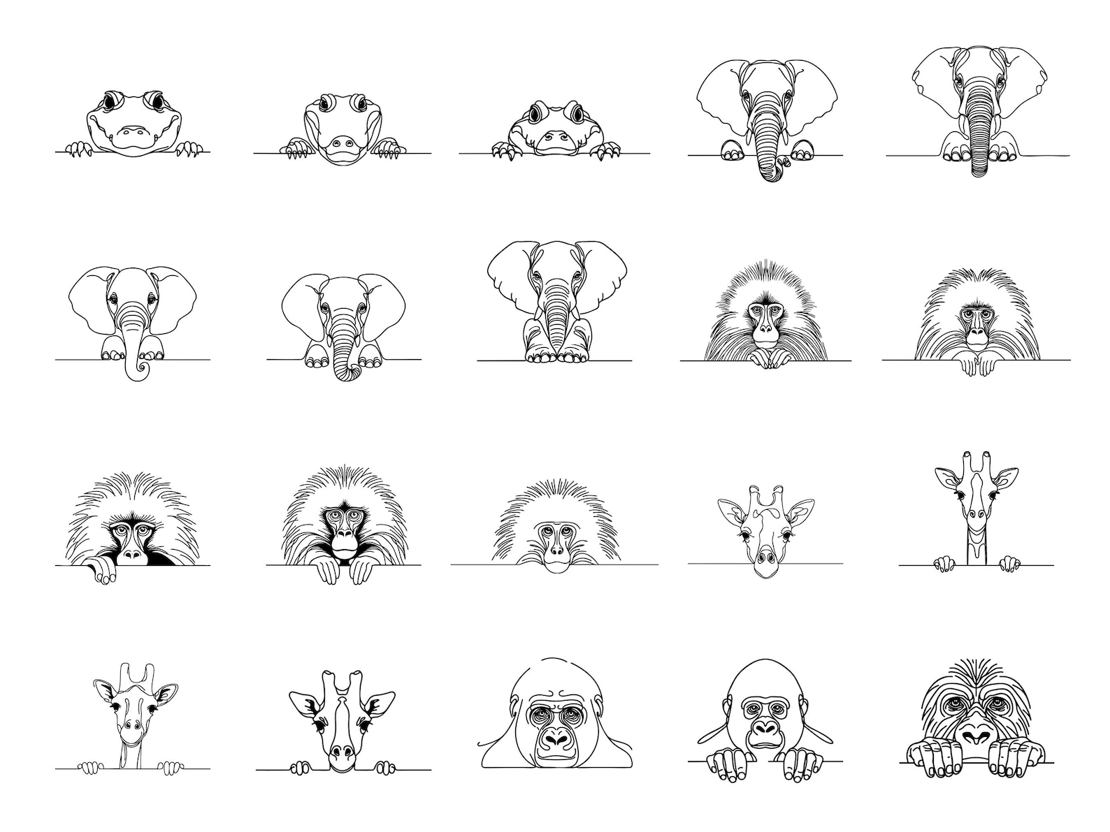 Peeking African Animals SVG Bundle: Line Art Clipart (digital Download ...