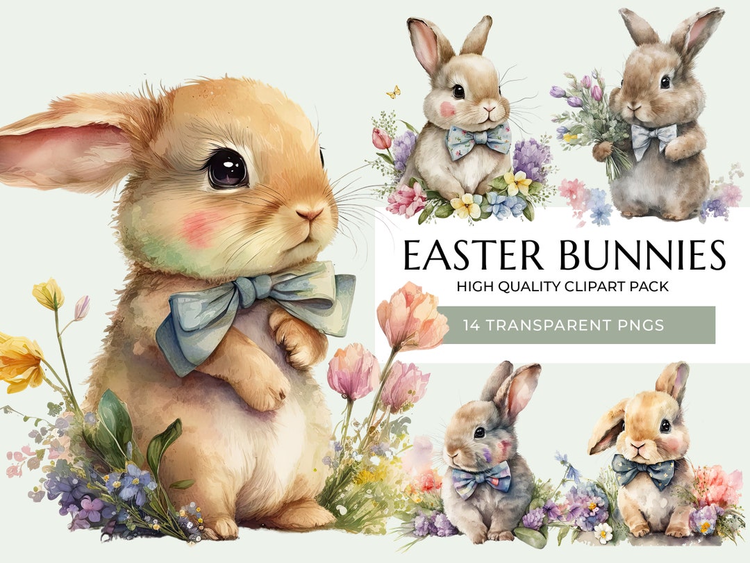 Easter Bunny With a Bow Tie and Flowers Clipart Bundle, Spring ...