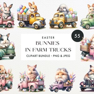 Watercolor Easter Bunny in Farm Trucks Clipart Bundle 55 High Quality ...