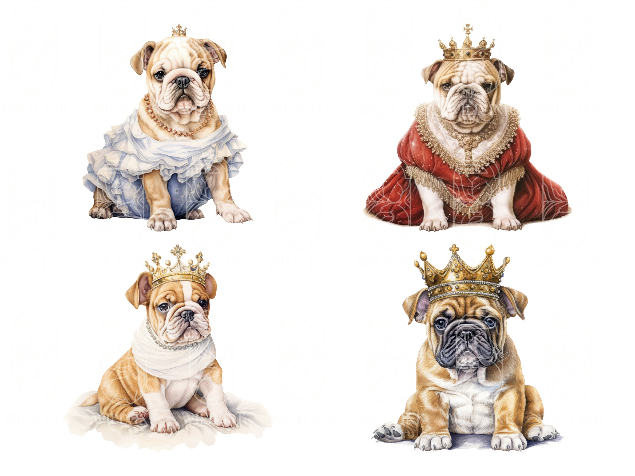 King & Queen Bulldog Watercolor Clipart: Royal Puppy PNG JPEG (digital ...