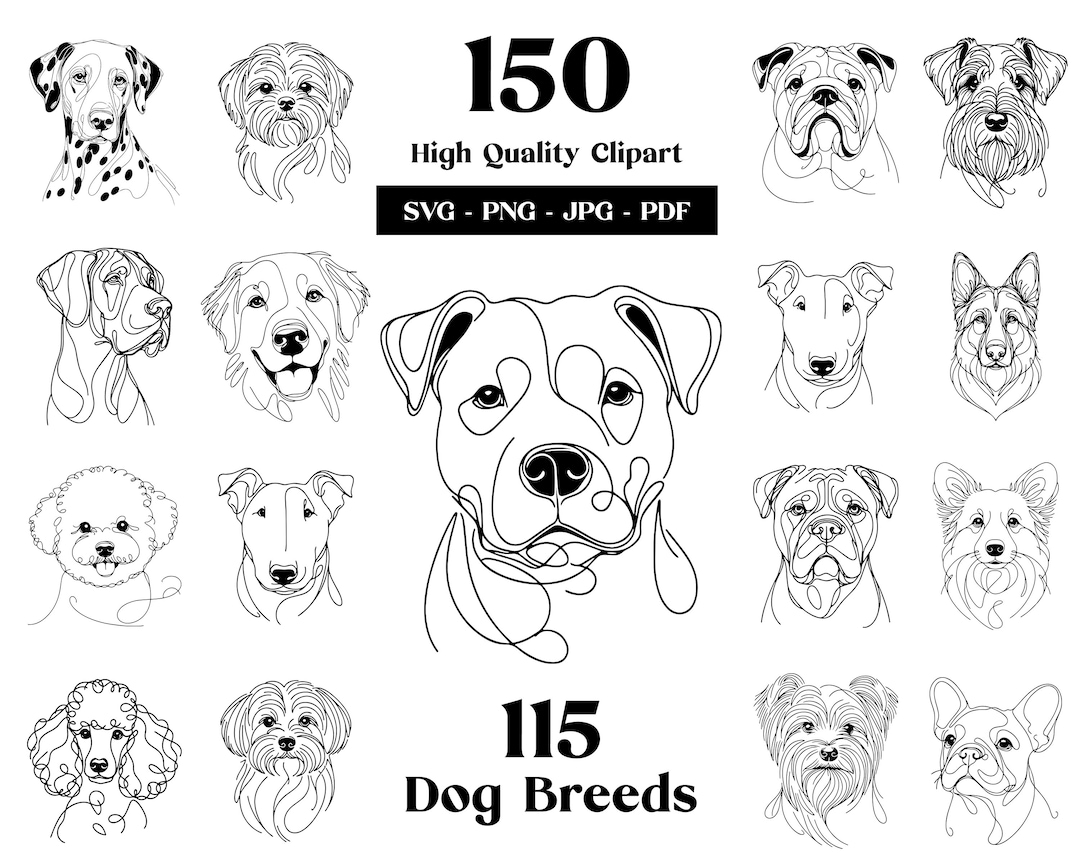 Dog SVG Clipart Bundle: 115 Breeds, Line Art Vector Dogs (digital ...