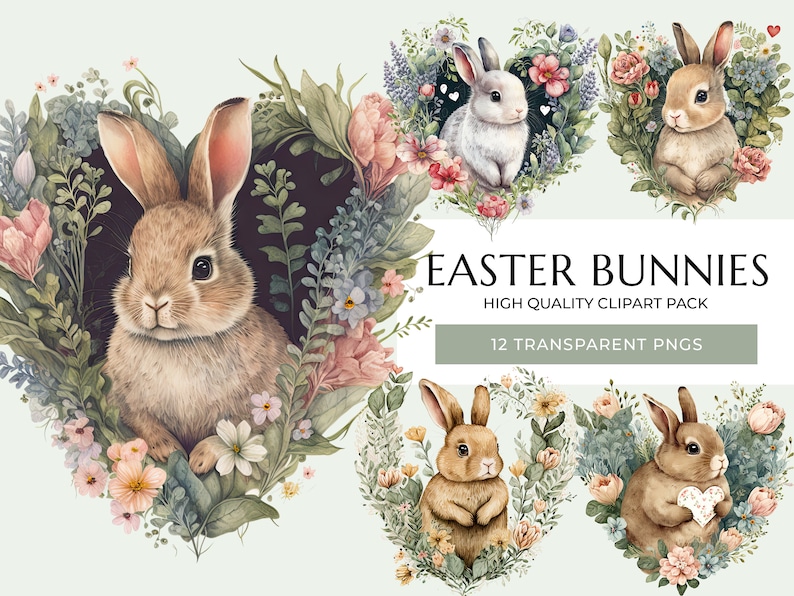 Watercolor Easter Bunny Clipart Set: Floral Wreath Heart (digital ...