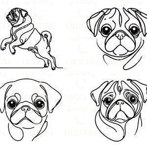 Pug SVG & PNG Clipart Bundle: Digital Line Art, Minimalist Vector Dog ...