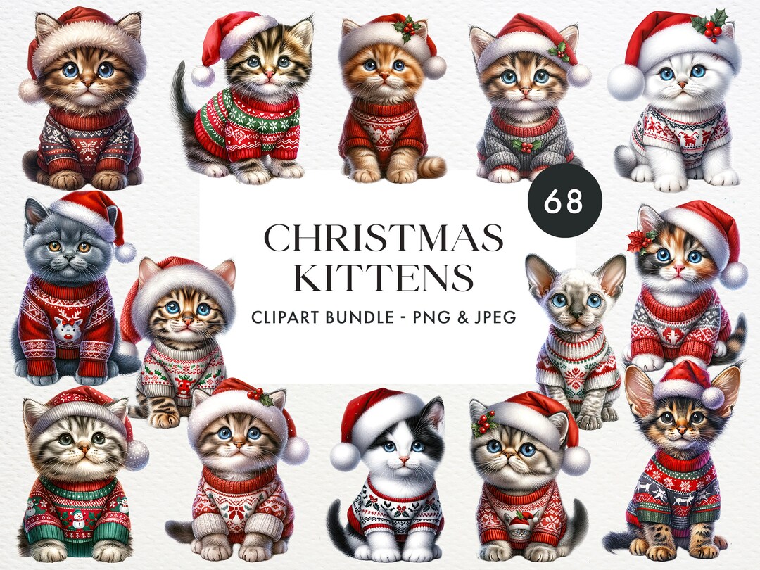 Watercolor Christmas Cats Clipart Bundle, 68 Cute Kittens PNG & JPEG ...
