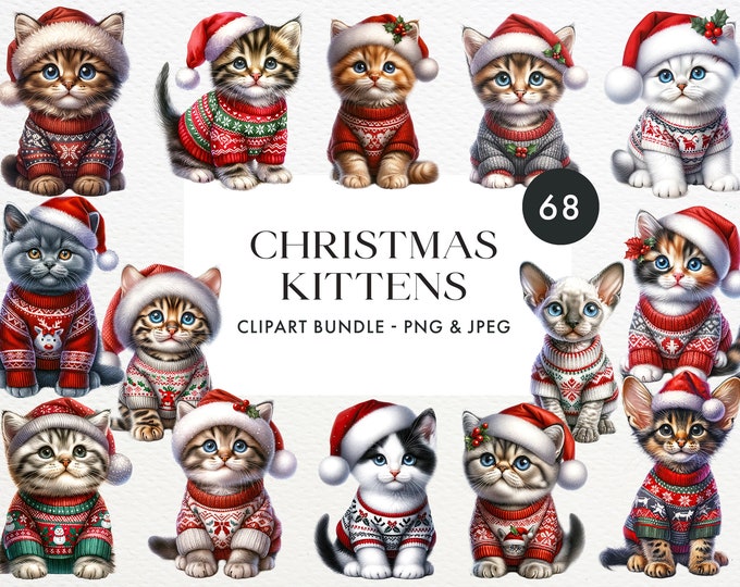 13 Christmas Kittens Clipart Watercolor Christmas Clip Art Holiday ...