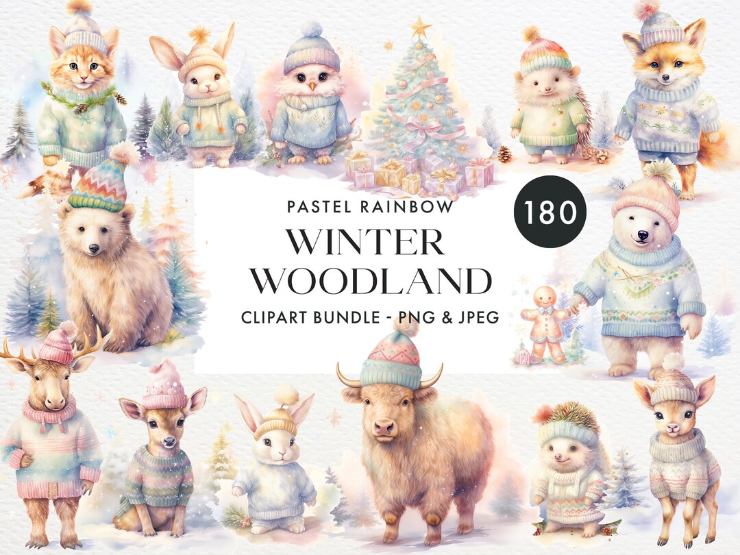 Pastel Rainbow Woodland Christmas Animals, 180 Clipart Bundle, Forest ...