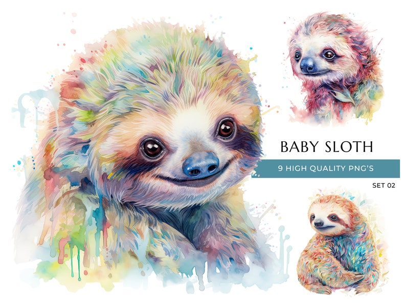 Baby Sloth Watercolor Clipart 9 Pngs Nursery Art Baby Shower - Etsy