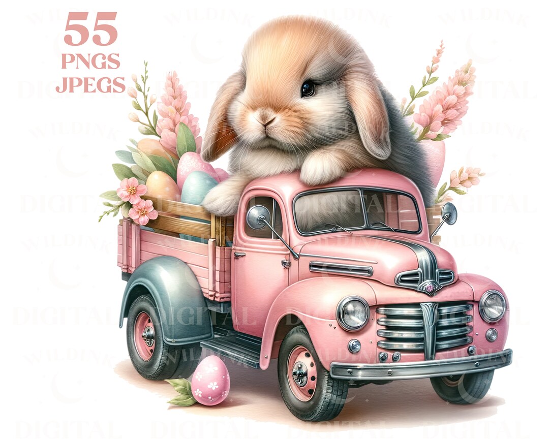 Watercolor Easter Bunny in Farm Trucks Clipart Bundle 55 High Quality ...