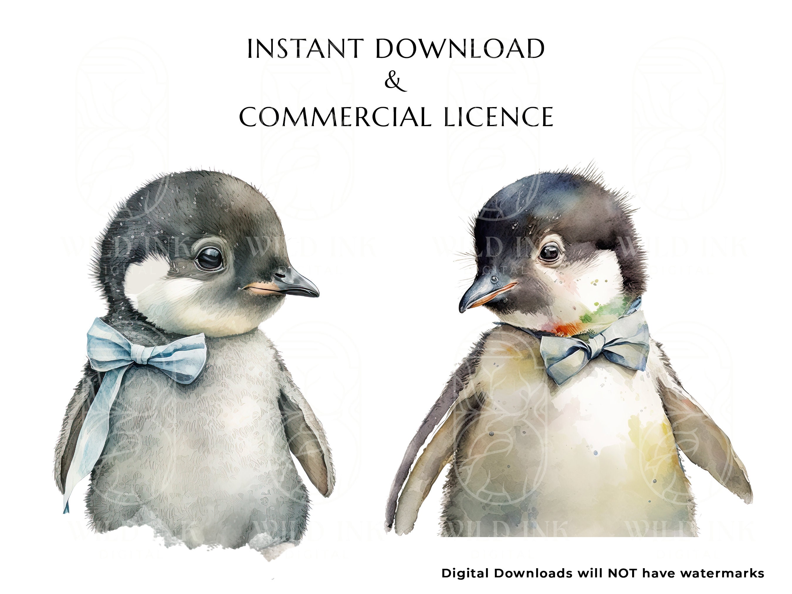 Baby Penguin With Bow Tie Watercolor Clipart of 10 Pngs Cute - Etsy