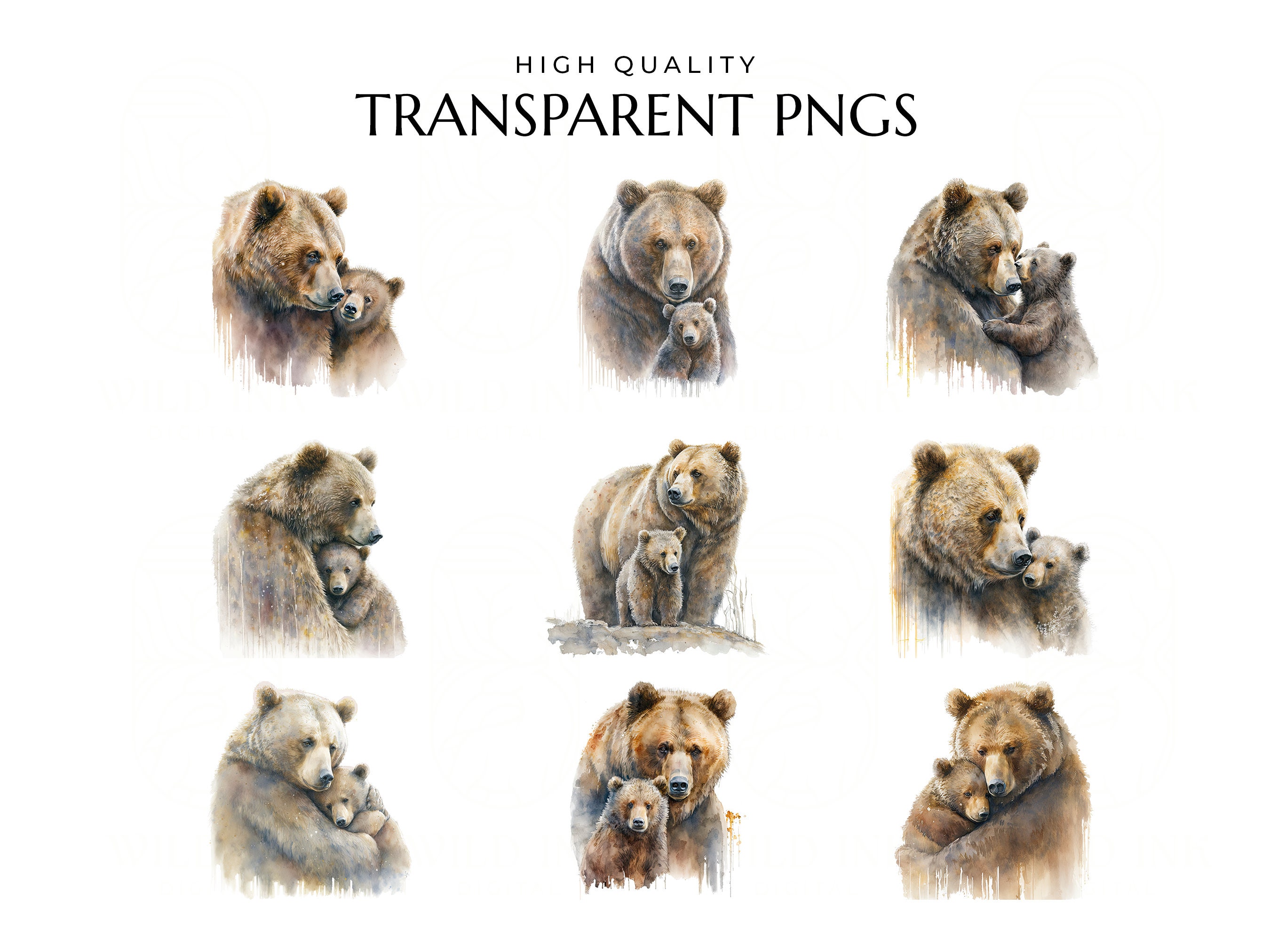 Mom and Baby Bear Clipart 10 High Quality Pngs Watercolor - Etsy