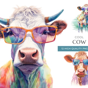 Watercolor Cow Clipart With Sunglasses: Farm Animal Print (digital ...