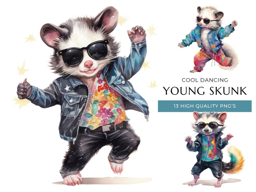 Cool Dancing Skunk Clipart, 13 High Quality PNG, Cute Watercolor ...