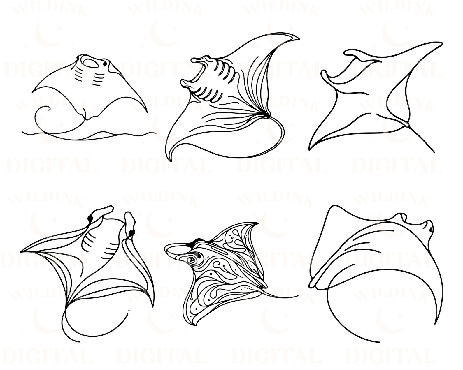 Manta Ray SVG Clipart: Minimalist Line Art, Tattoo Design (digital ...