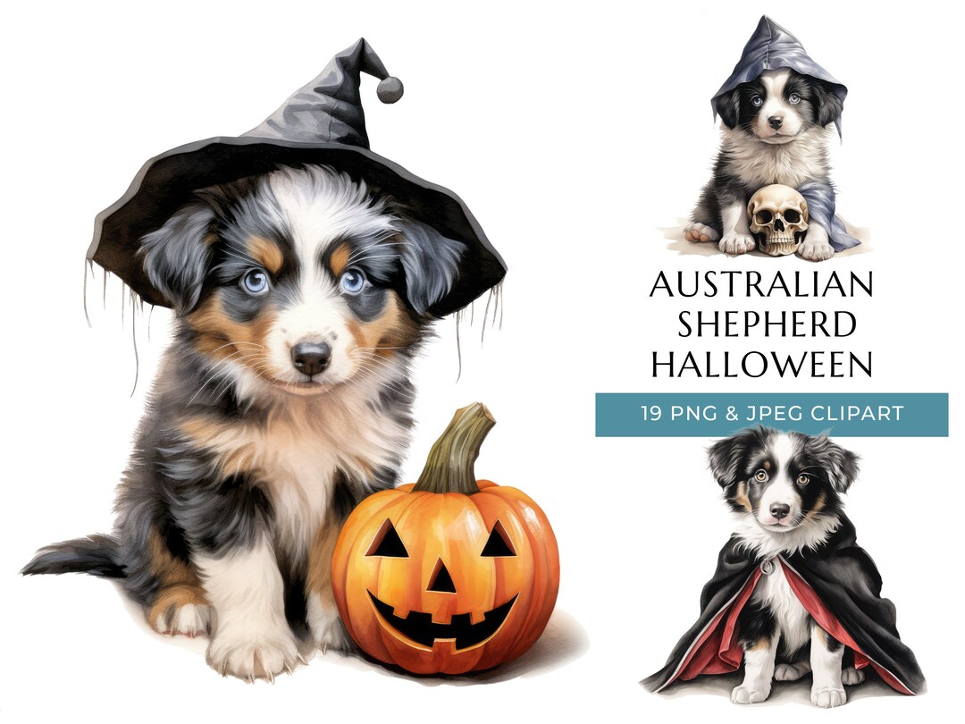 Australian Shepherd Halloween Clipart: Watercolor Aussie Puppy (digital ...