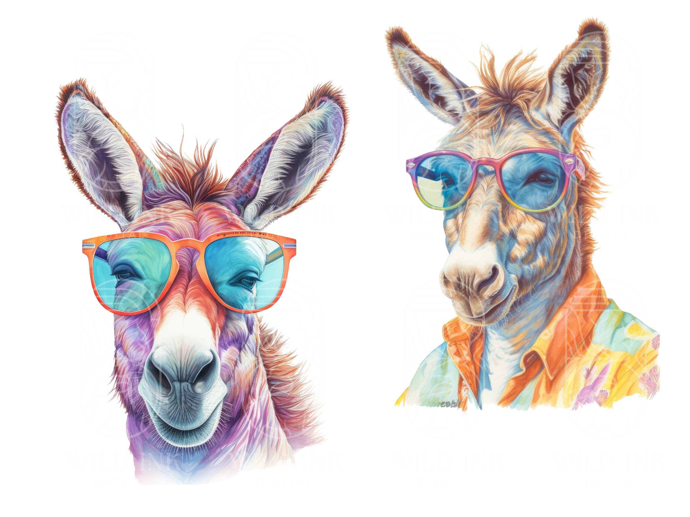 Watercolor Donkey Clipart With Sunglasses: Farm Animal Print (digital ...