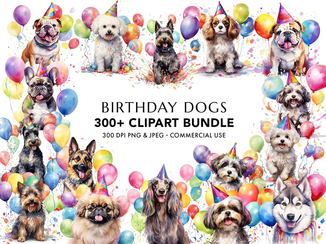 Watercolor Dog Birthday Party Clipart Bundle 300+ High Quality PNG ...