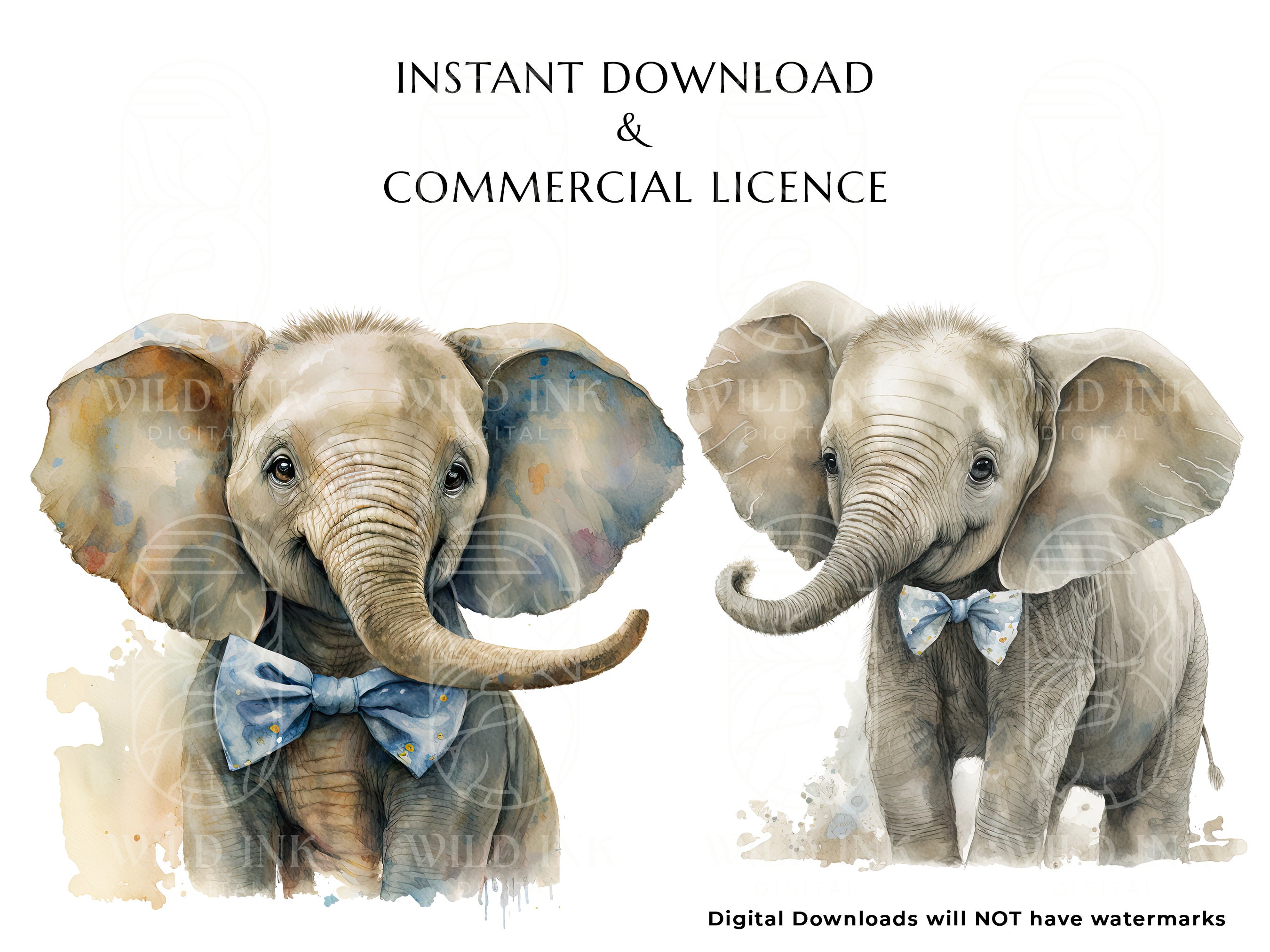 Baby Elephant With Bow Tie Watercolor Clipart of 10 Pngs - Etsy