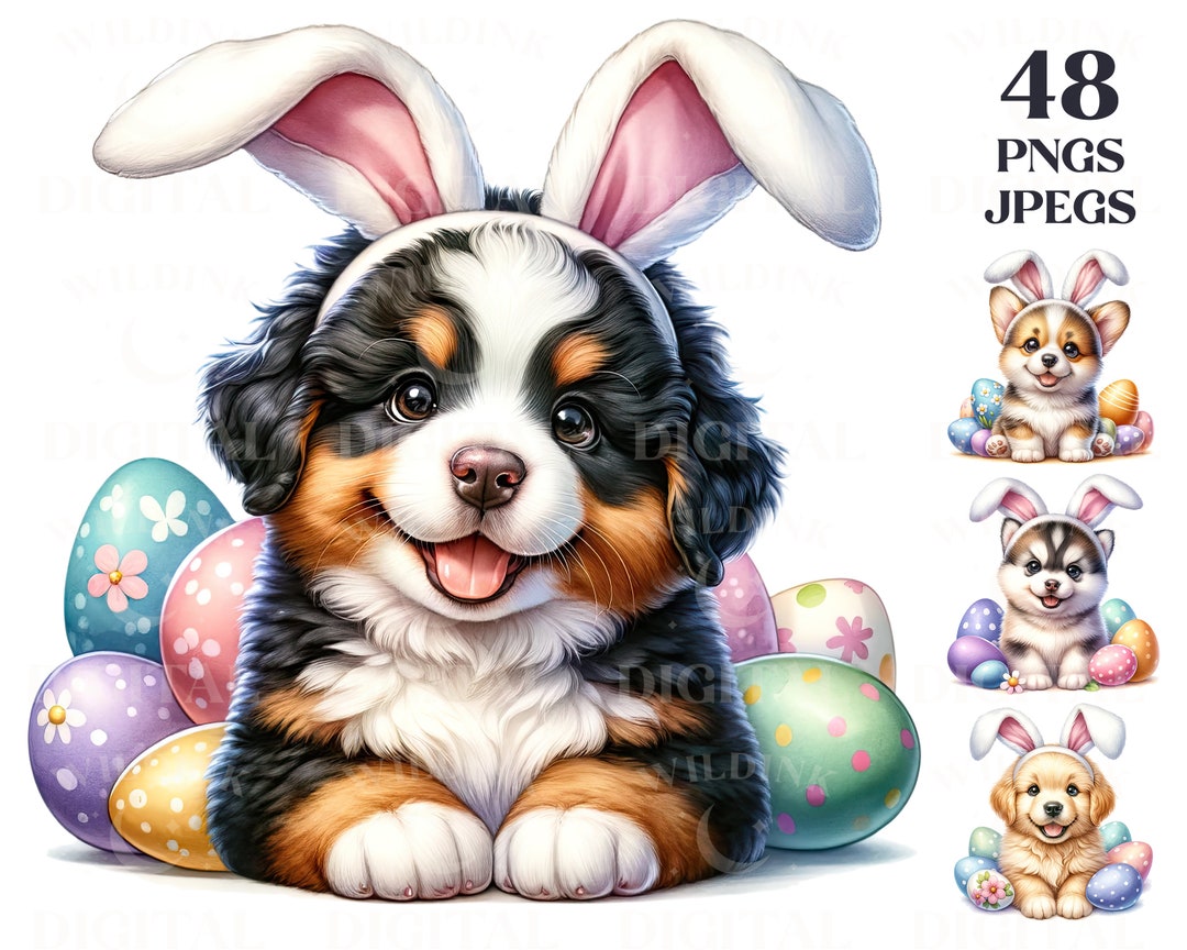 Watercolor Easter Dogs Clipart Bundle: 48 PNG & JPEG Images (digital ...