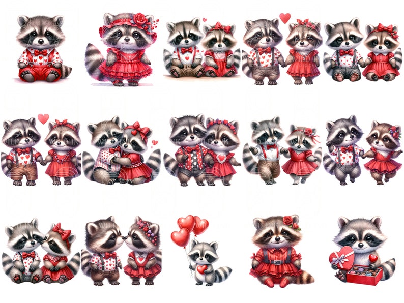 Watercolor Valentine Raccoons Clipart: PNG & JPEG Bundle (digital ...