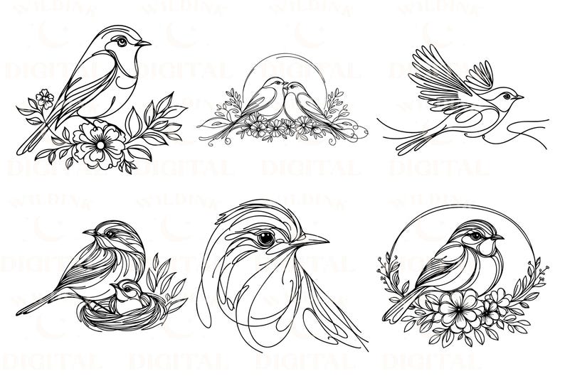 Blue Bird Line Art SVG Bundle: 50 Bird Clipart Designs (digital ...