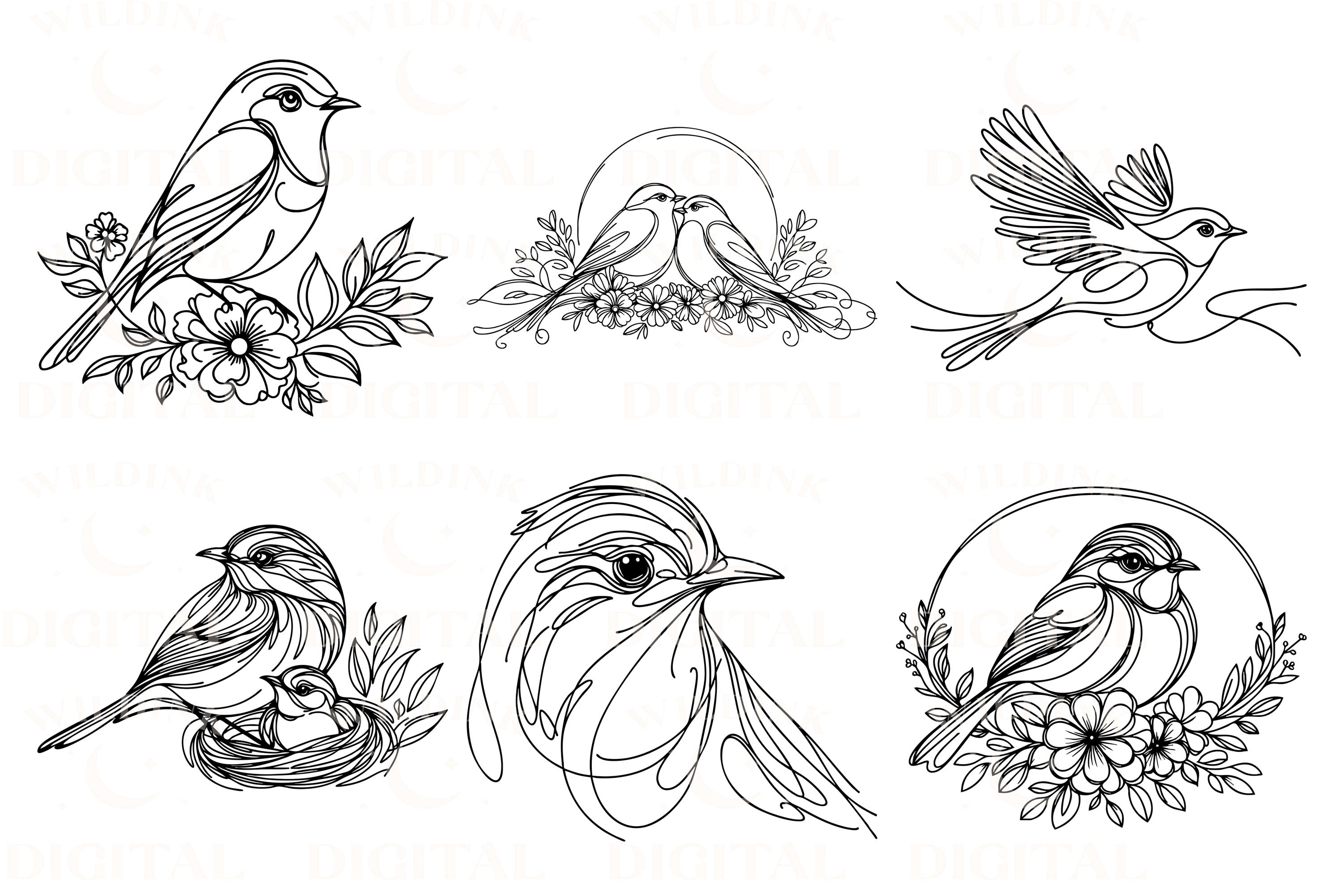 Blue Bird Line Art SVG Bundle: 50 Bird Clipart Designs (digital ...