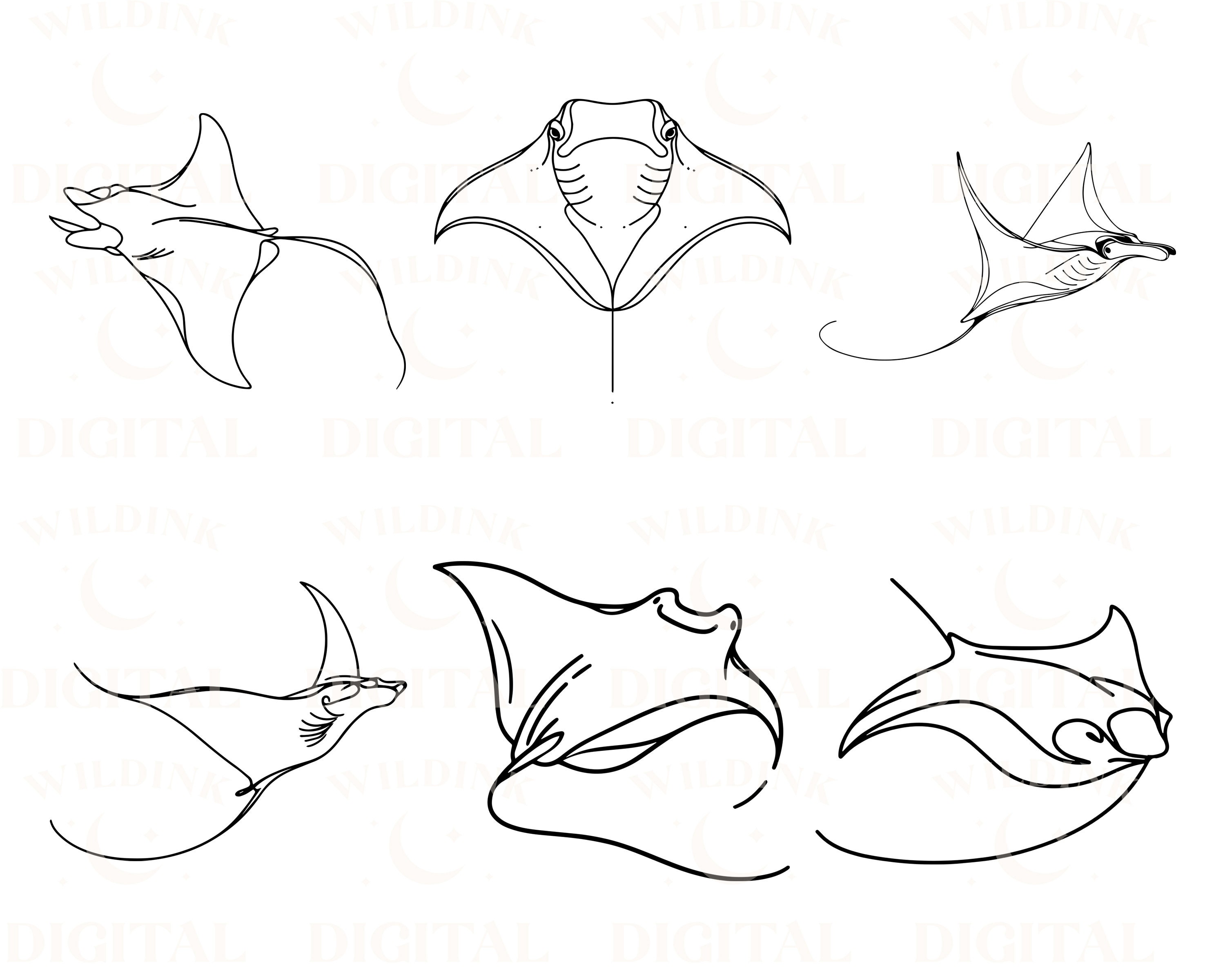 Manta Ray SVG Clipart: Minimalist Line Art, Tattoo Design (digital ...