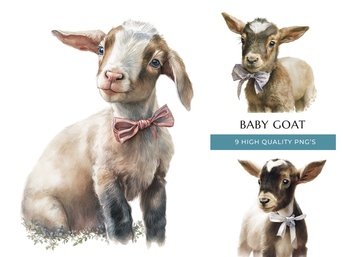 Baby Goat With Bow Tie Watercolor Clipart of 9 Pngs Farm - Etsy