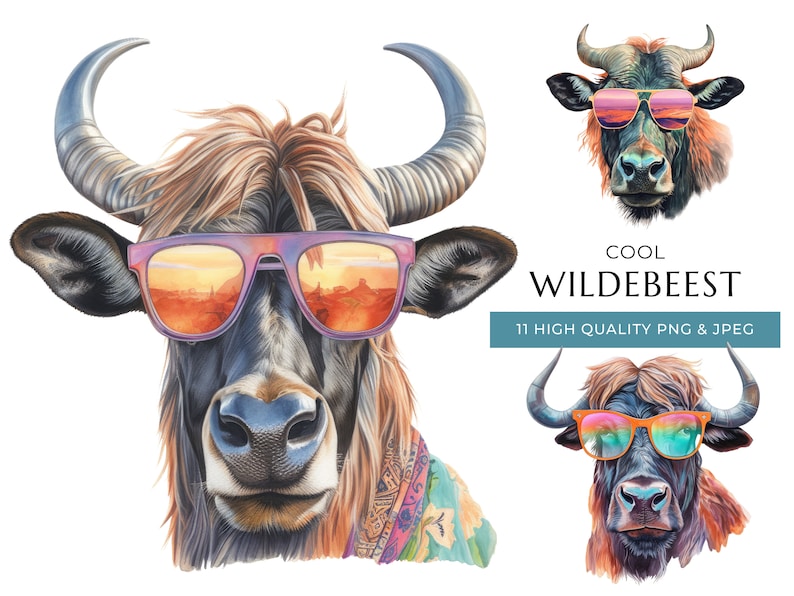 Watercolor Wildebeest Clipart With Sunglasses, Safari Animal Print ...