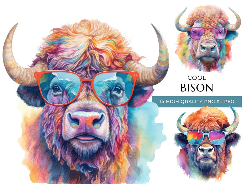 Watercolor Bison Clipart, Sunglasses Animal Print (digital Download - Etsy