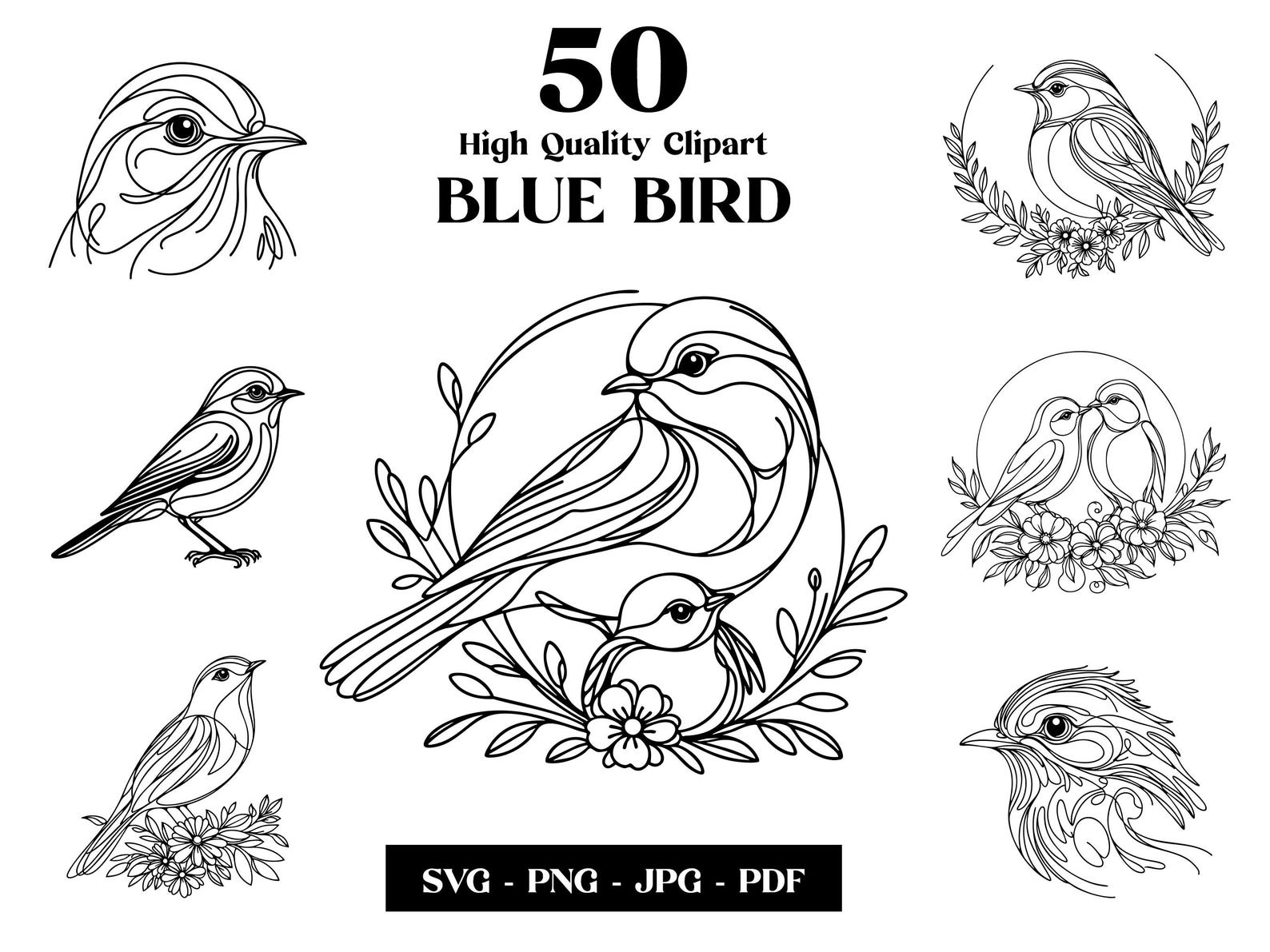 Blue Bird Line Art SVG Bundle: 50 Bird Clipart Designs (digital ...