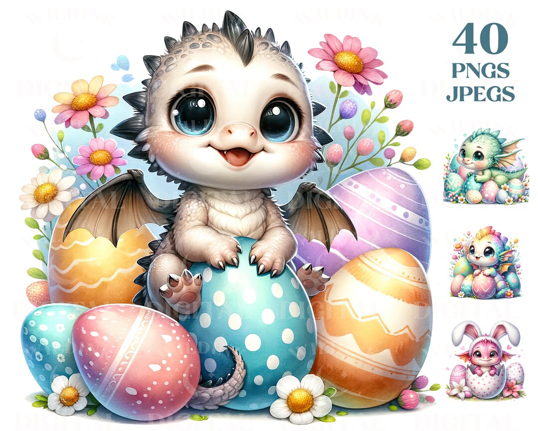 Watercolor Easter Cute Dragons Clipart Bundle 40 High Quality PNG ...
