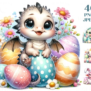 Watercolor Easter Cute Dragons Clipart Bundle 40 High Quality PNG ...