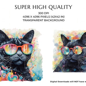 Cool Cats Watercolor Clipart, 7 High Quality Pngs, Funny Black Cats ...