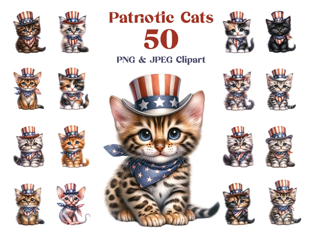 Cats Clipart Bundle 50 High-quality PNG & JPEG, Patriotic Fourth of ...