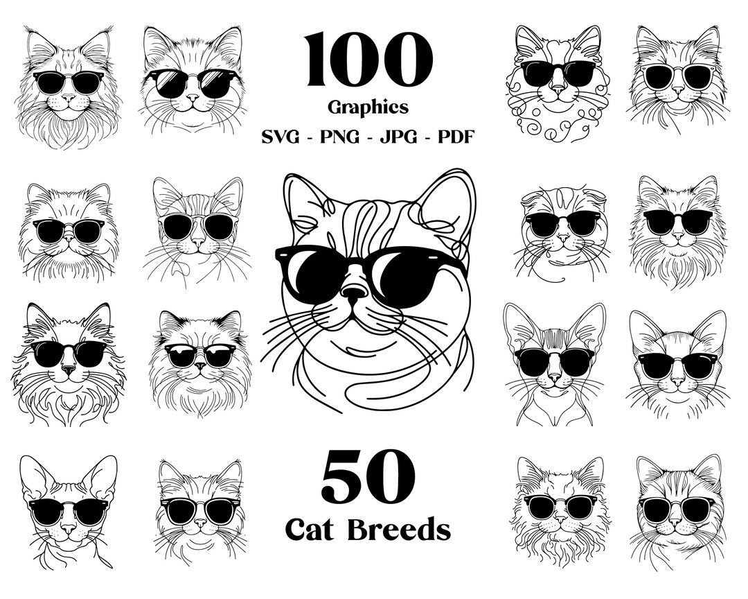 100 Cool Cats SVG Line Art Clipart Bundle: 50 Cat Breeds, Summer Cats ...