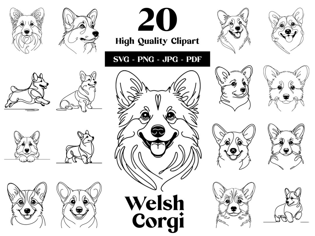 Welsh Corgi Line Art Clipart Bundle: Minimalist Dog Vector (digital ...