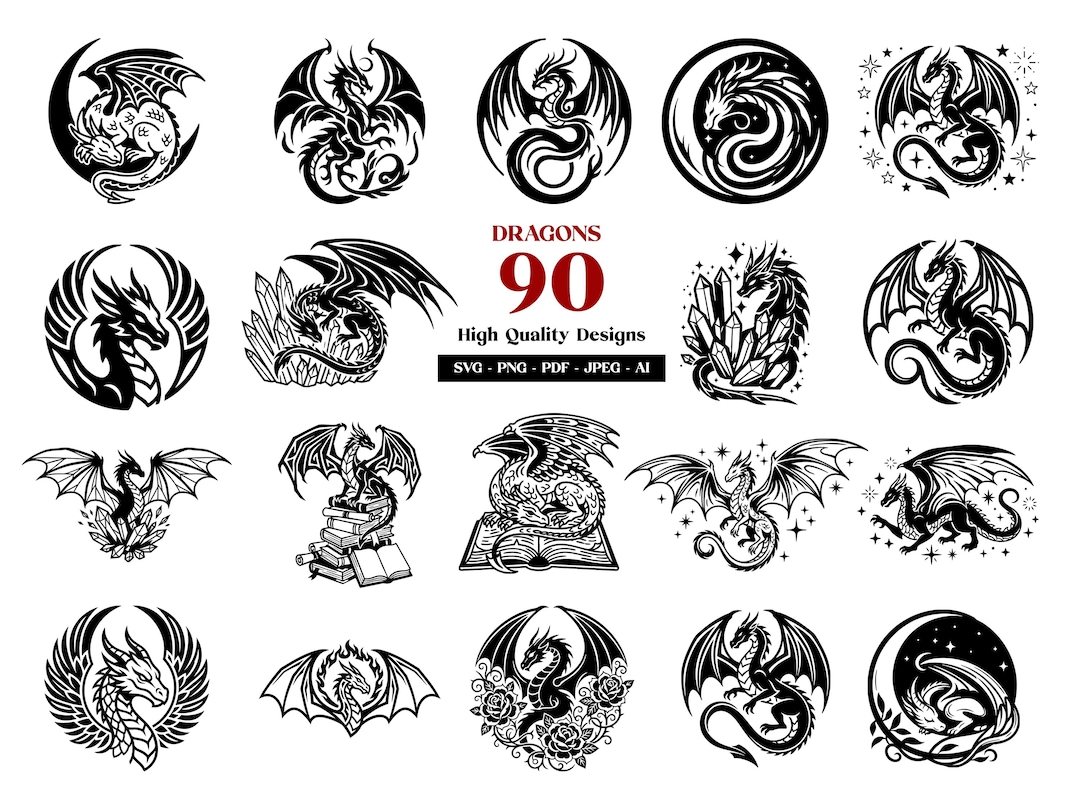 Dragon SVG Bundle, 90 Mythical Dragon PNG Clipart, Fantasy Magical ...