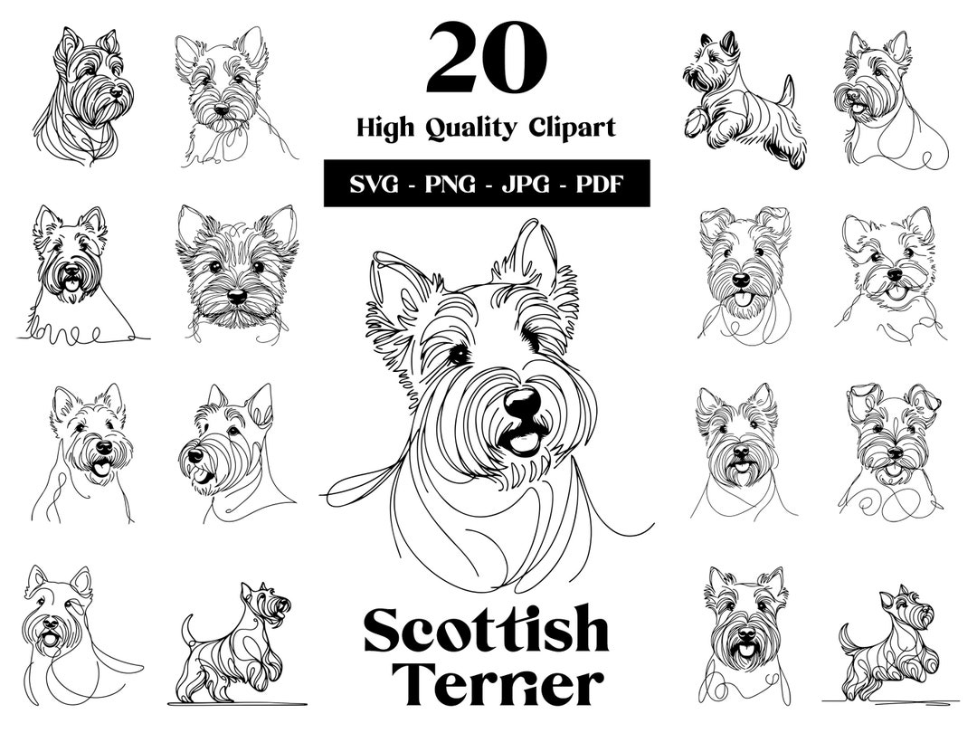 Scottish Terrier SVG & PNG Clipart Bundle: Scottie Digital Line Art ...