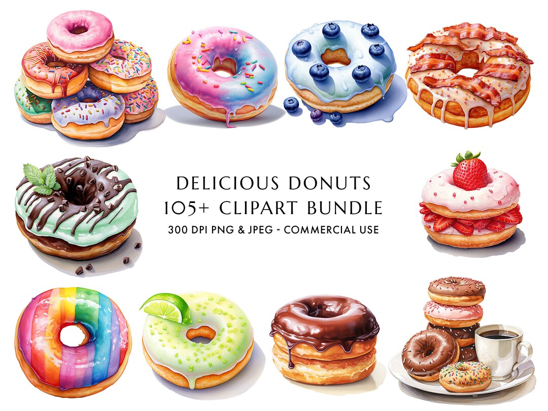 Watercolor Donuts Clipart: 105+ Bakery PNG & JPEG (digital Download) - Etsy