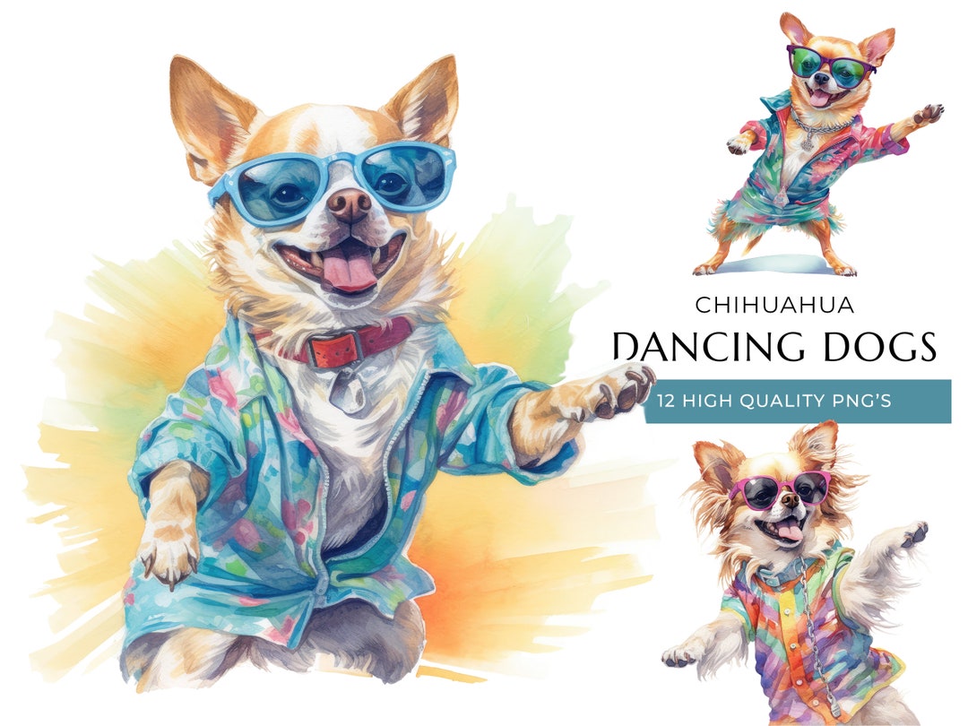 Dancing Chihuahua Watercolor Clipart: Funny Dog PNG Prints (digital ...