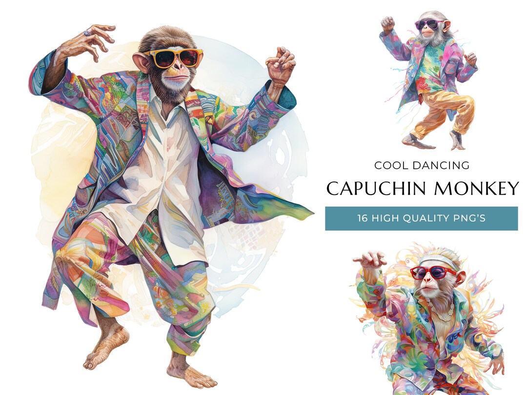 Dancing Capuchin Monkey Clipart, Funny Watercolor Animals (digital ...