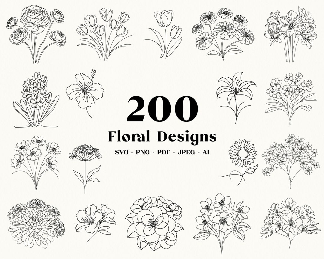 200 Floral Line Art SVG Bundle: Flower Bouquet Clipart (digital ...
