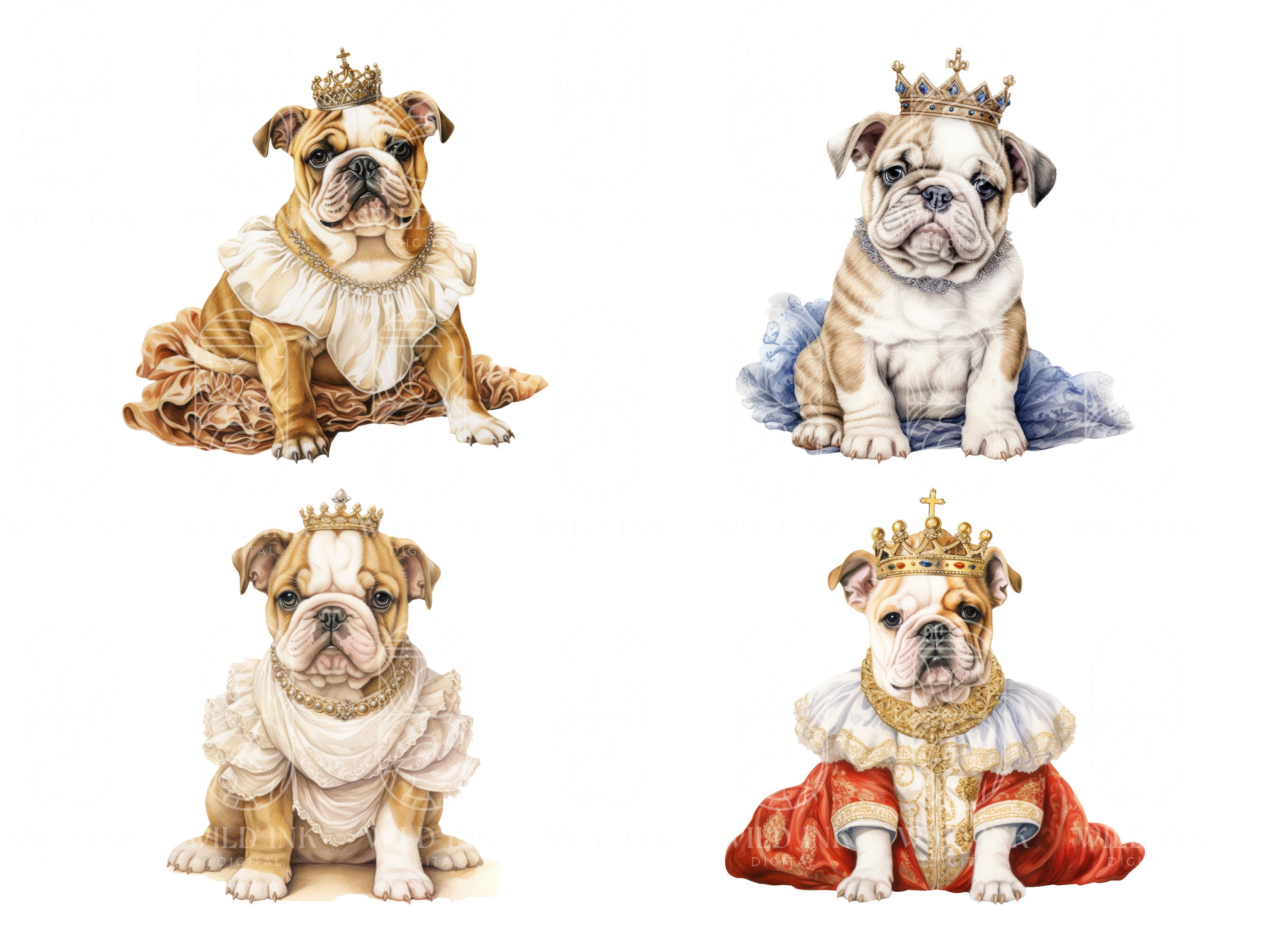 King & Queen Bulldog Watercolor Clipart: Royal Puppy PNG JPEG (digital ...