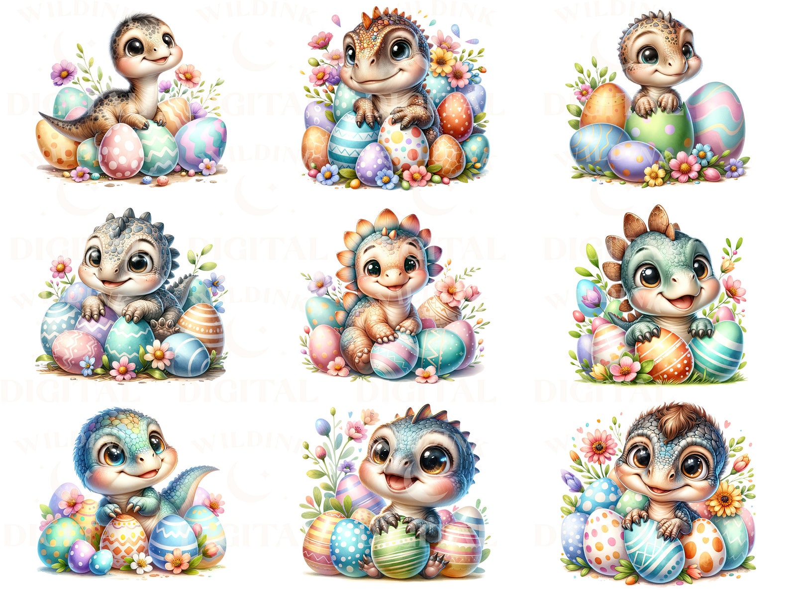 Watercolor Easter Dinosaurs Clipart Bundle: Nursery Spring PNG JPEG ...